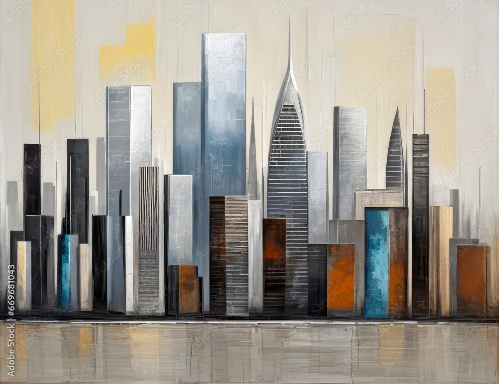 Art style illustration of a fictitious cityscape of a cluster of modern ...