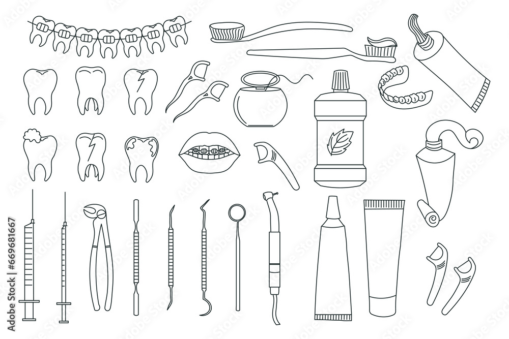 Dental icons set, dentistry symbols collection. Sketches, logo ...