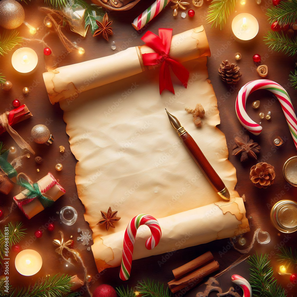 Blank scroll (parchment) with copy space, in a Christmas and Santa ...