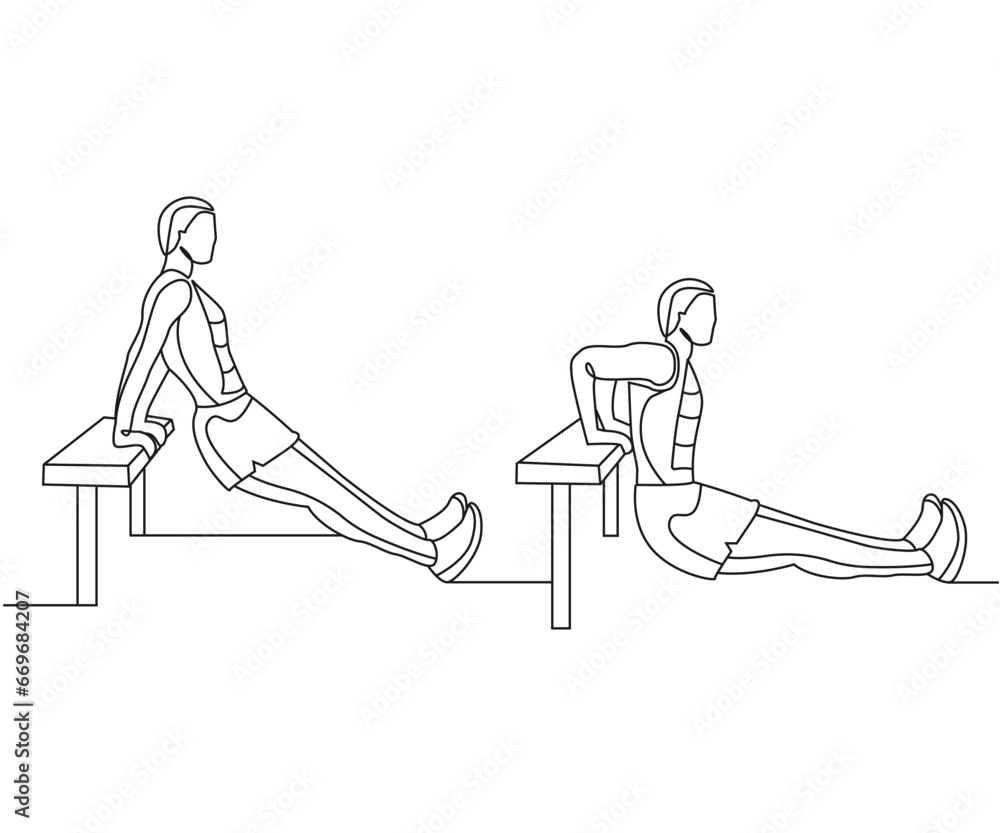 Triceps Dips exercise Line Drawing isolated on copy space white ...