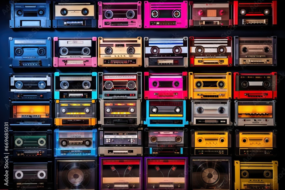 Old audio tape compact cassette on black background. Collection of ...