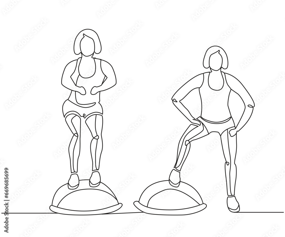 Bosu lateral steps and side steps exercise Line Drawing isolated on ...
