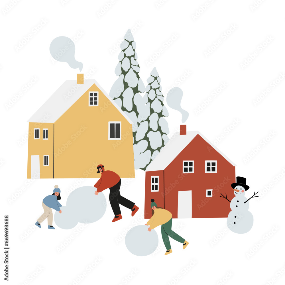 Winter season activities vector illustration with scenes of people ...