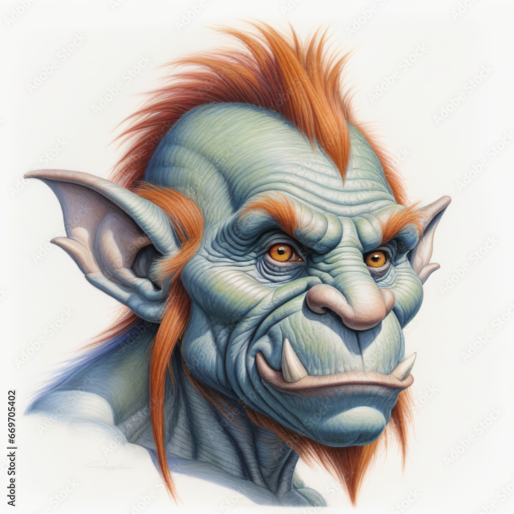 the face of a goblin illustration , colored pencil drawing , isolated ...