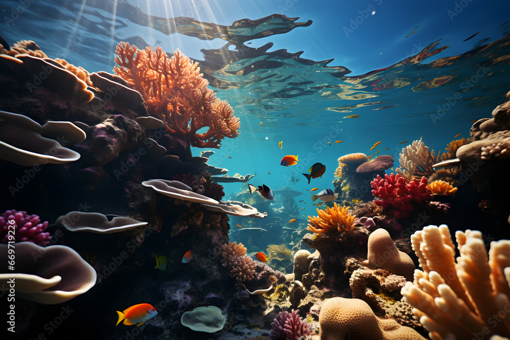 Underwater with colorful sea life fishes and plant at seabed background ...