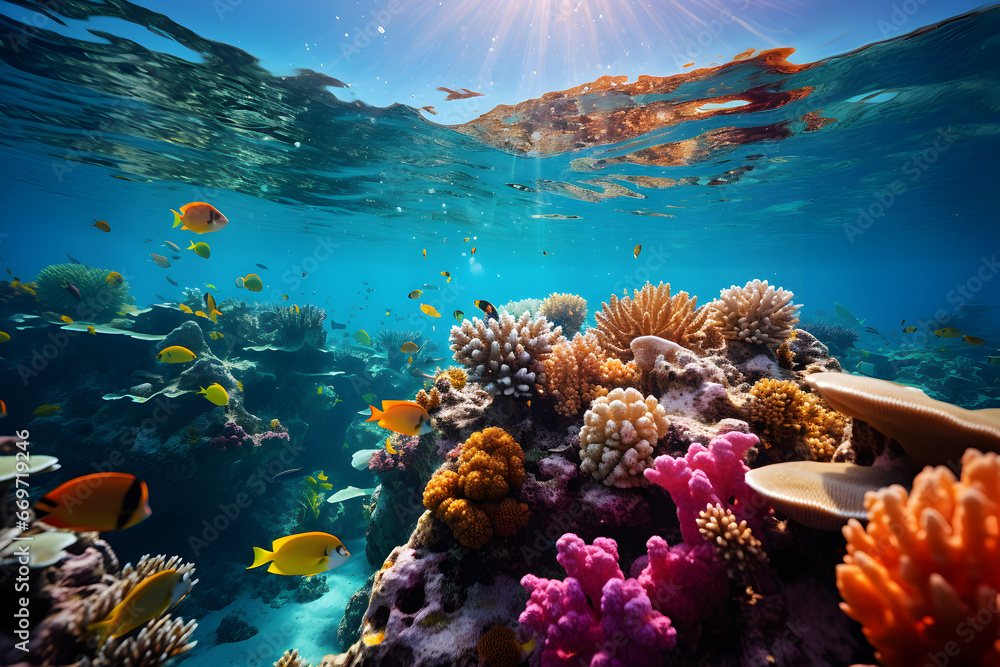 Underwater with colorful sea life fishes and plant at seabed background ...