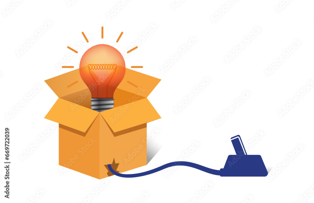 Brainstorm, thinking outside the box concept vector with 3d box, light ...