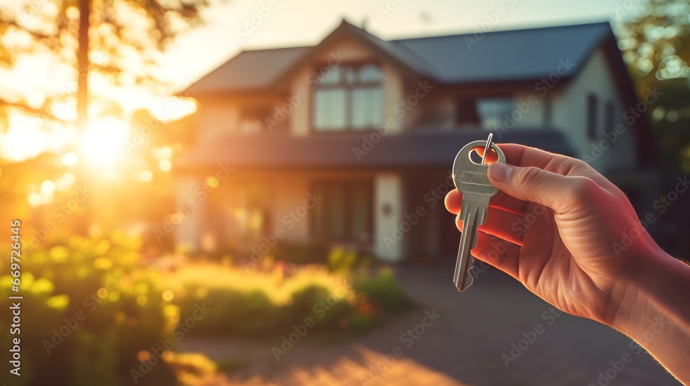 Homeowner proudly showing his house key, standing in his beautifully ...