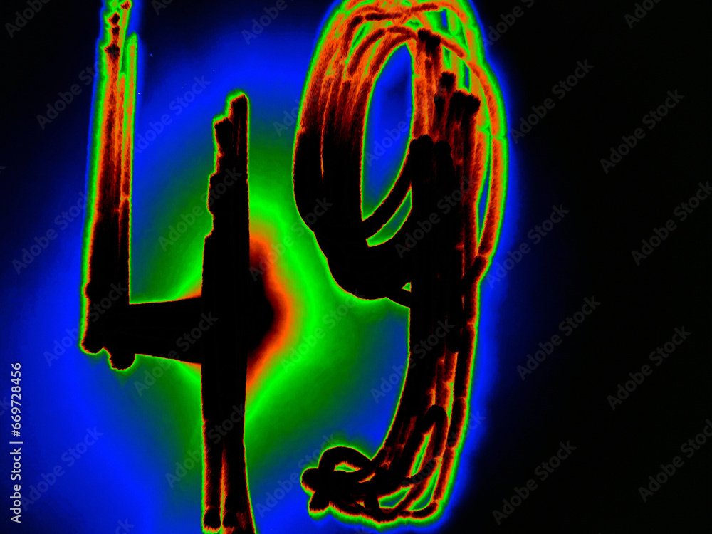 Glowing Arabic numeral 49. Mathematical number written by hand on a ...