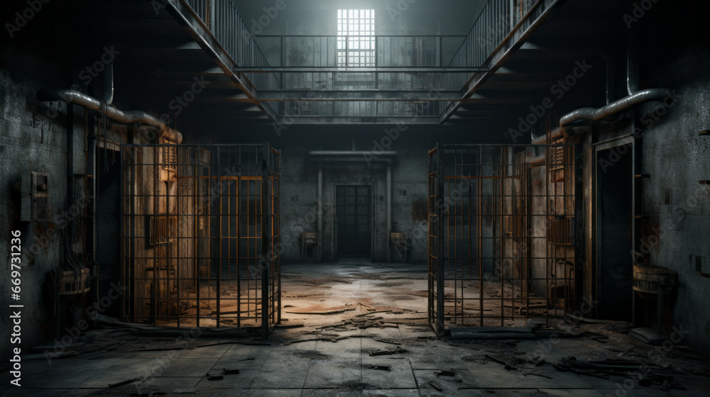 An eerie, deserted prison cell with rusty bars and a damp floor Stock ...