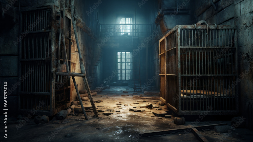 An eerie, abandoned prison cell with rusty bars and a damp floor Stock ...