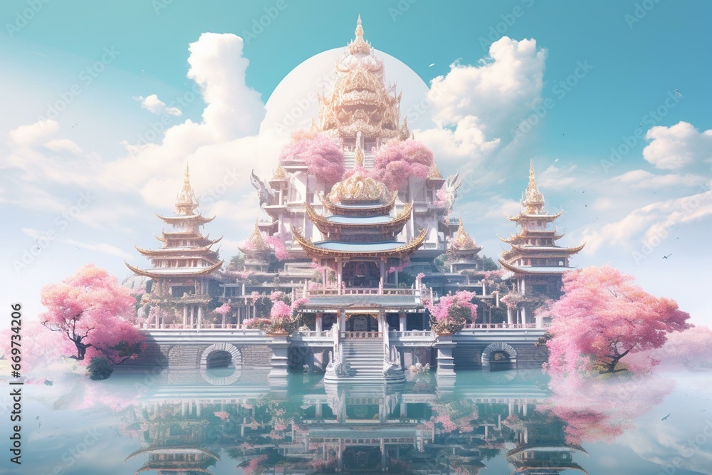 High-resolution image of a floating temple with pastel colors ...