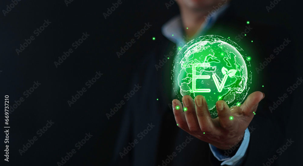 Businessman show Ev icon Light bulb, EV concept, Hand of human holding ...