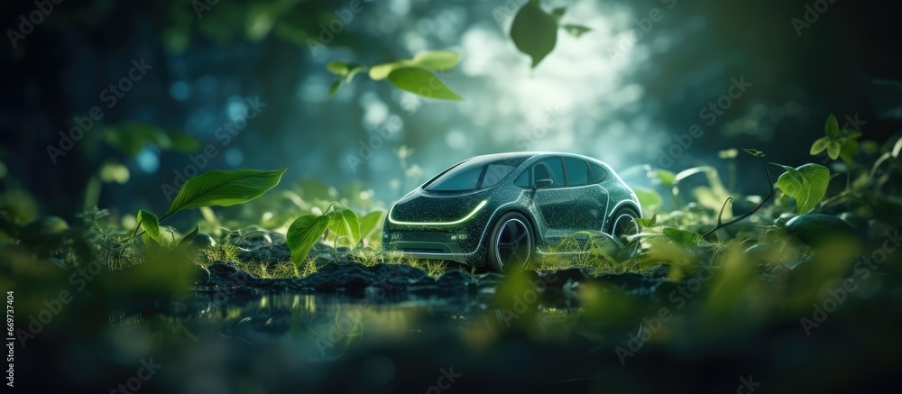 Electric vehicle traveling through forest EV powering nature ...