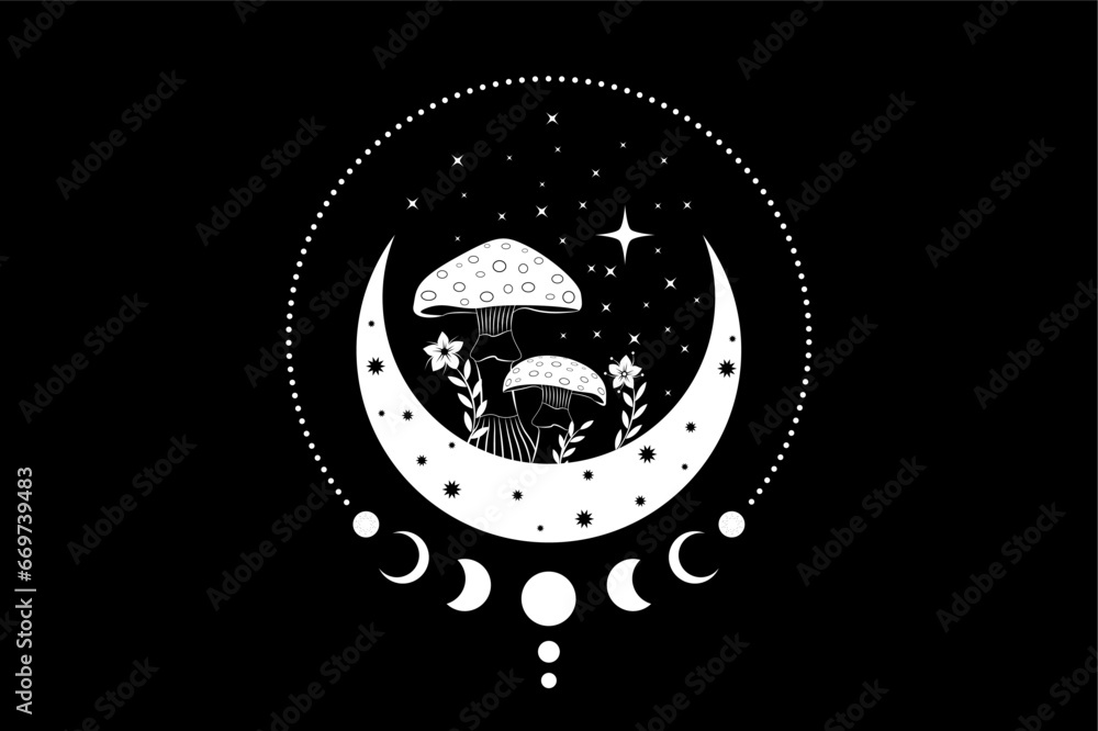 Celestial Mystical boho mushrooms, magic Amanita Muscaria with moon and ...