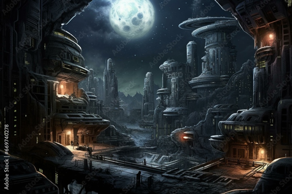 Graffiti horror city on wall in moon station with 2D art wallpaper ...