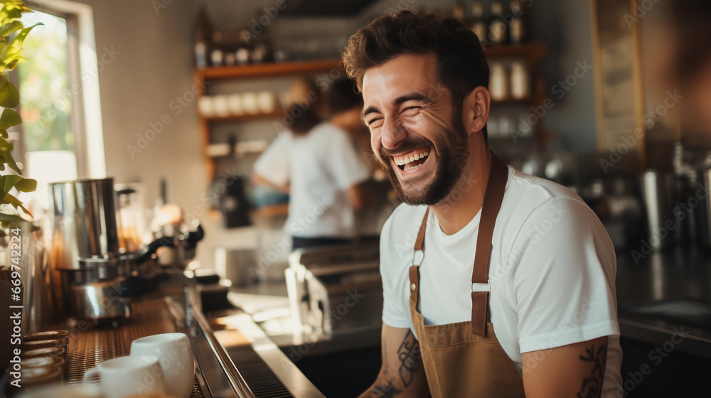 A cheerful barista in a coffee shop, skillfully crafting a latte art ...