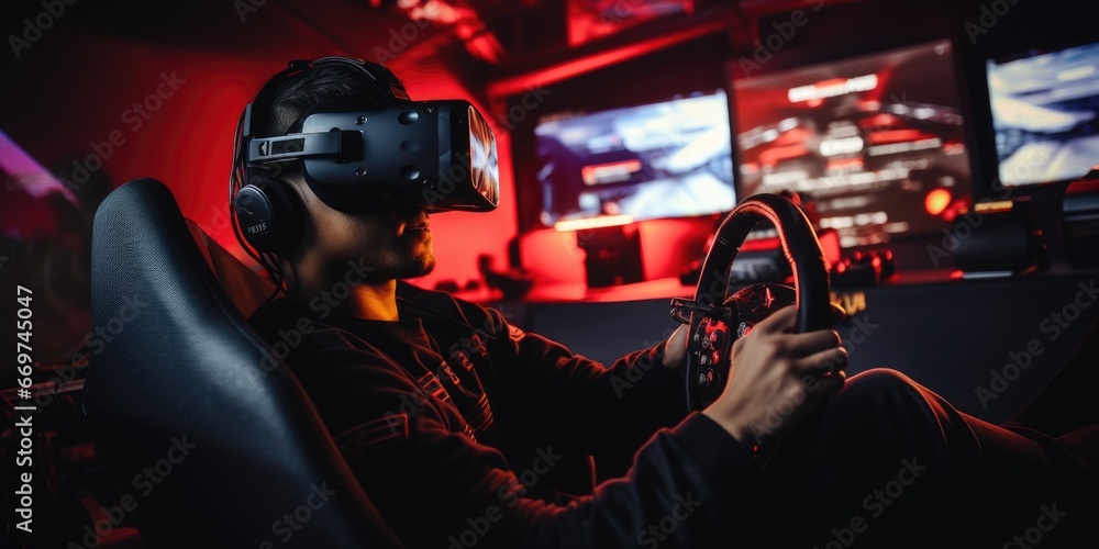 Futuristic simulator seat cockpit, man playing smart video games with ...
