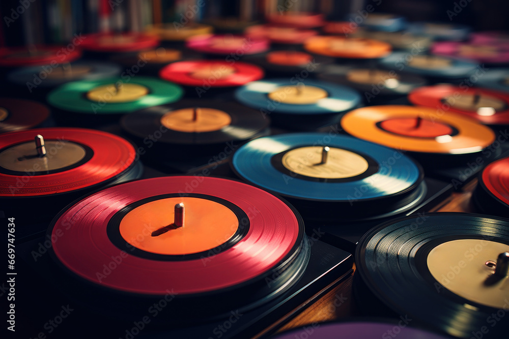 A collection of vintage vinyl records, invoking a sense of nostalgia ...