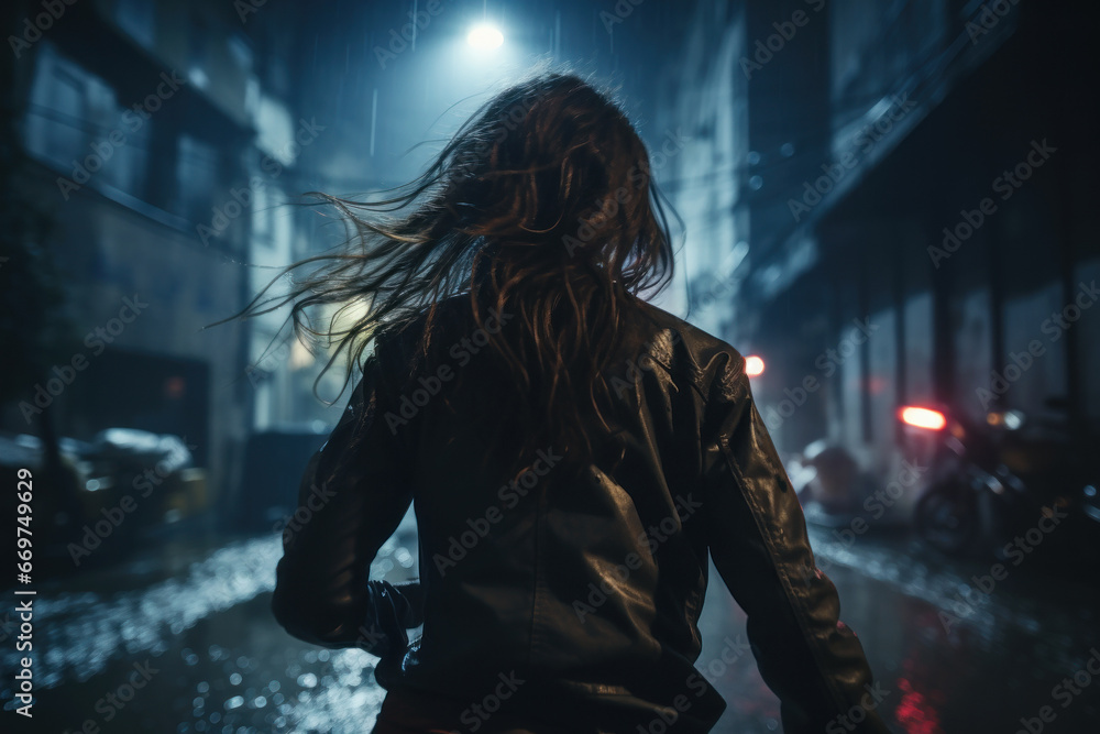 Scared woman runs down dark city street at night alone, back view of ...