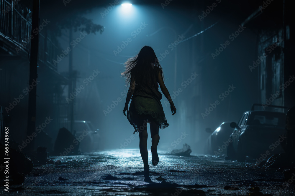 Scared adult girl runs down dark city street at night alone, silhouette ...