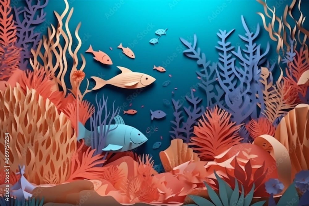 Papercut of coral reef, origami sea world, marine theme. Generative AI ...