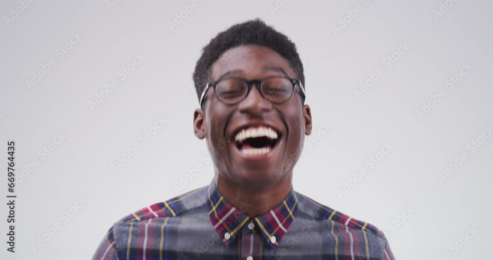 Black man, laugh and funny portrait in studio, white background or ...