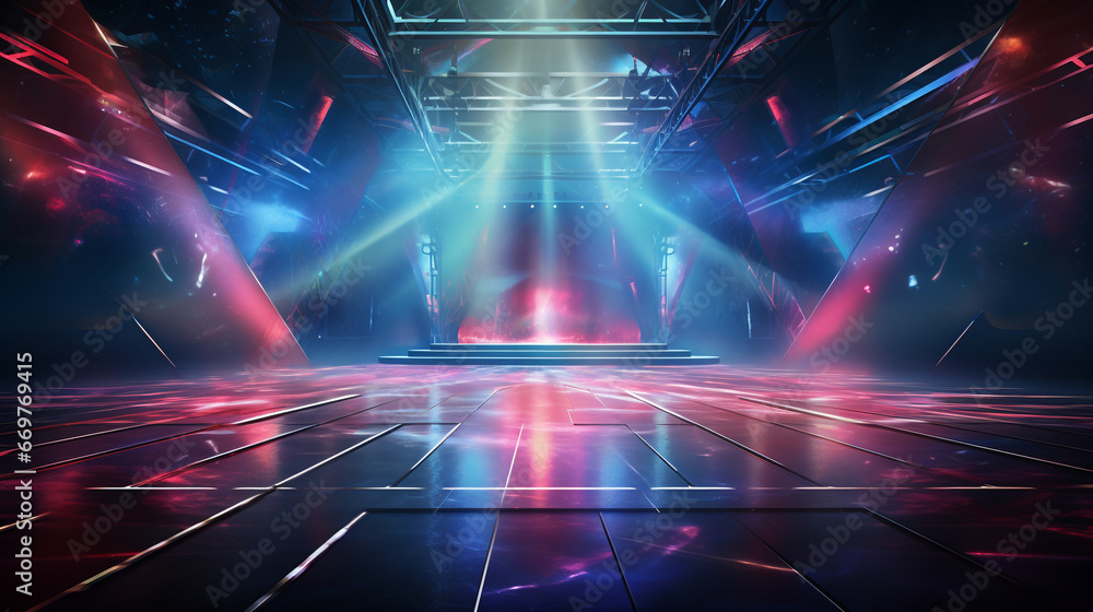 Colorful spotlights nightclub stage with dynamic red and blue ...