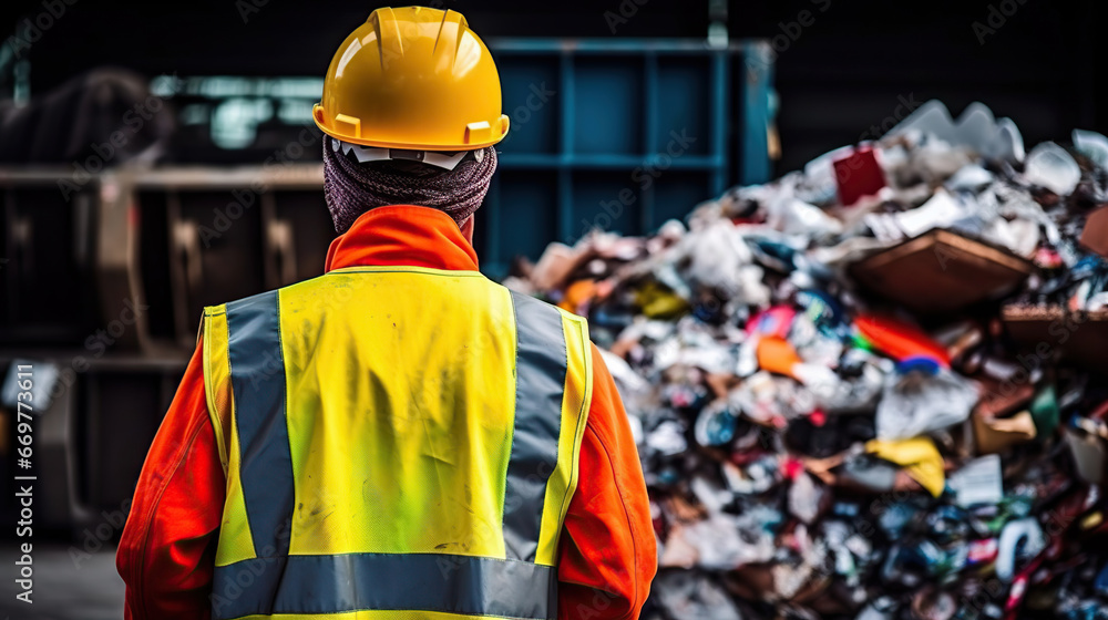 Photo of a recycling worker sorting materials at a recycling center ...