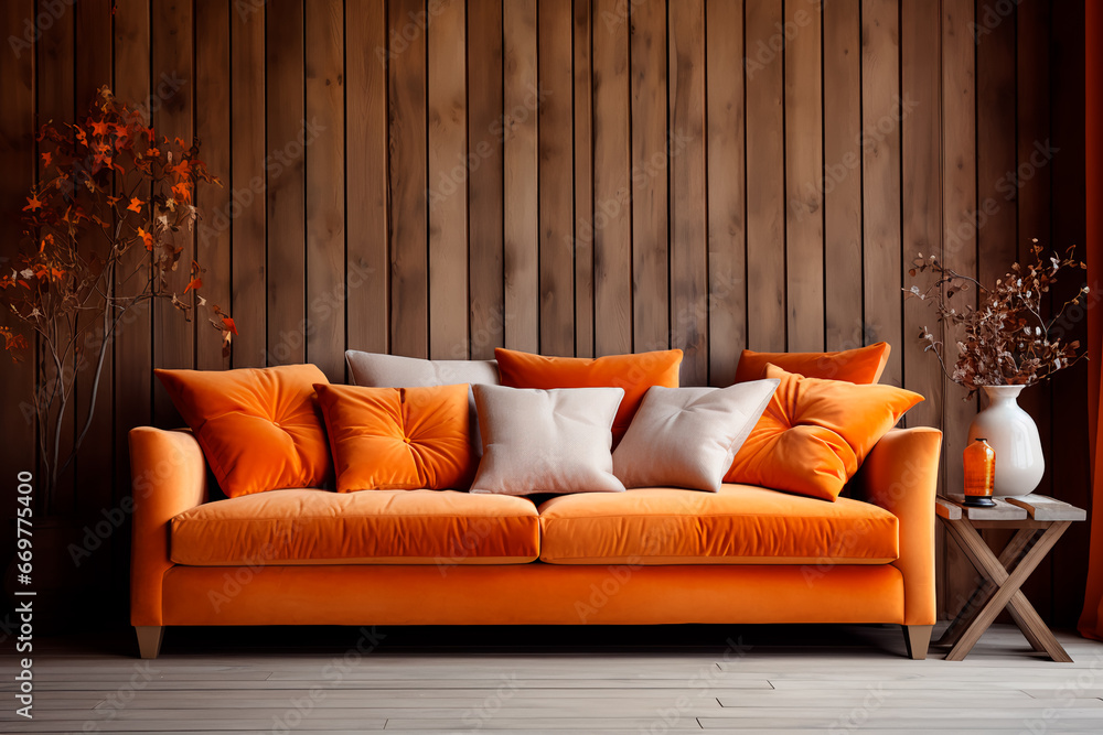 In the modern living room, a rustic orange velvet sofa complements the ...