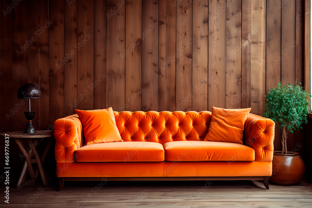 In the modern living room, a rustic orange velvet sofa complements the ...