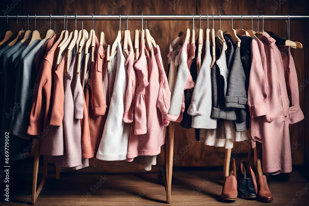 Clothing for a little girl on a clothes rack in a wardrobe Stock Photo ...