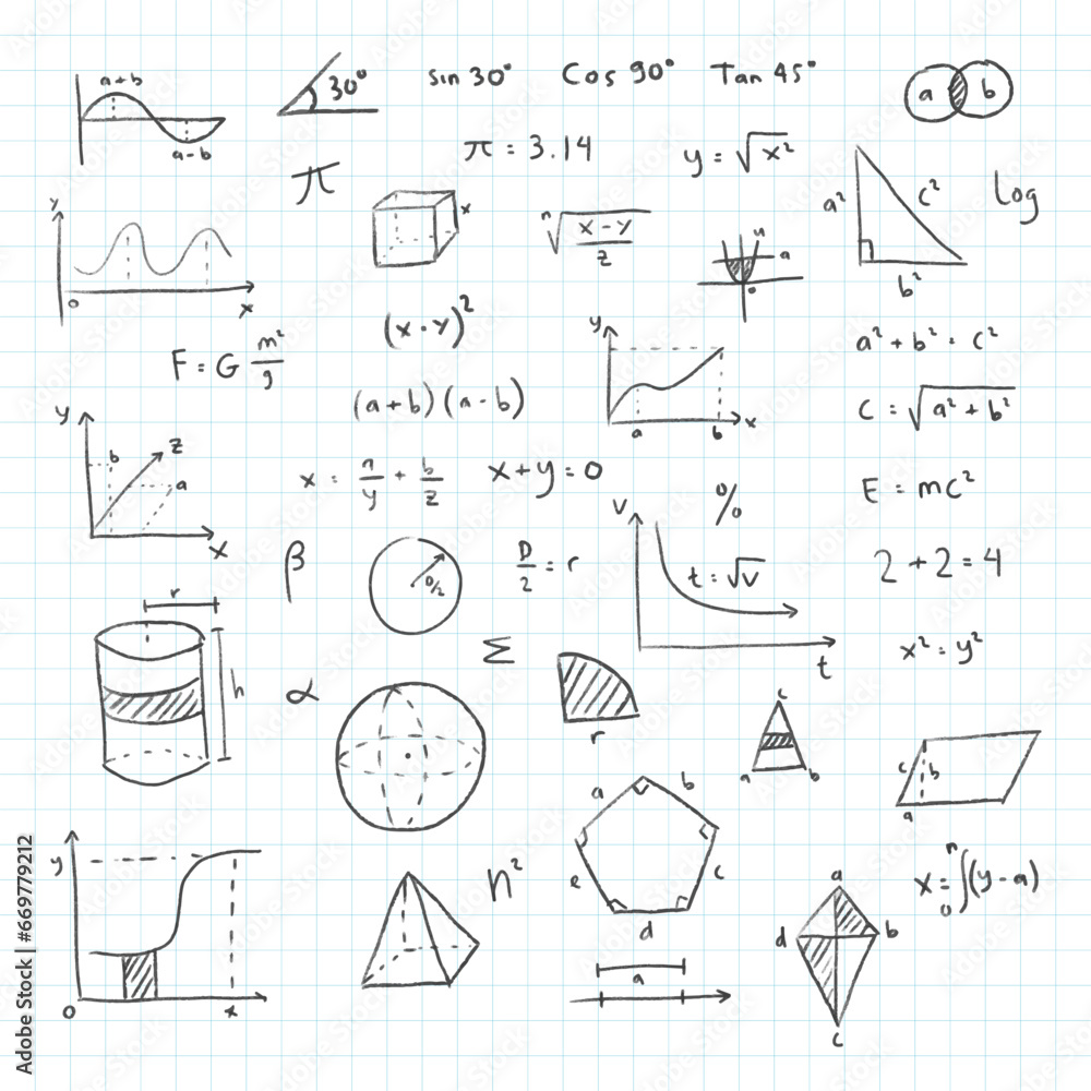 Hand drawn sketch math note. Math symbols doodle notebook page ...