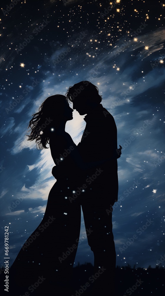 silhouette couple kissing under star sky isolated background emotional ...
