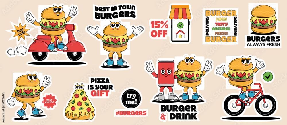Set of funky cartoon Characters Burgers, Pizza, Drink in groovy style ...