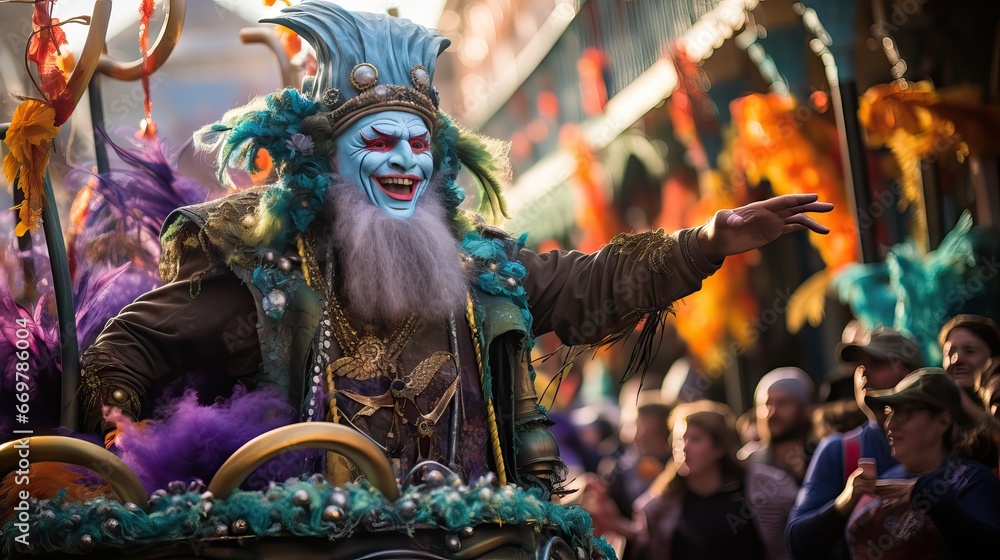 An anthropomorphic demon-like creature parades through a carnival ...