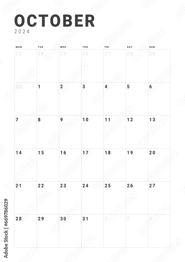 Monthly page Calendar Planner Templates of October 2024. Vector layout ...