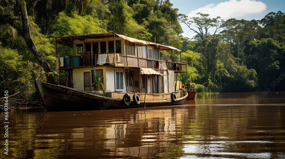 On a sunny day in the Amazon rainforest, an antique houseboat built of ...