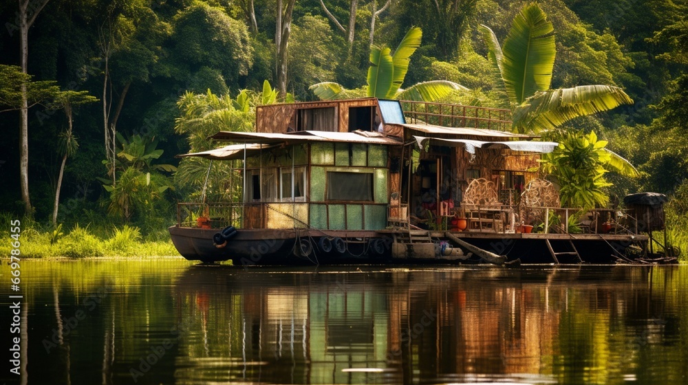On a sunny day in the Amazon rainforest, an antique houseboat built of ...