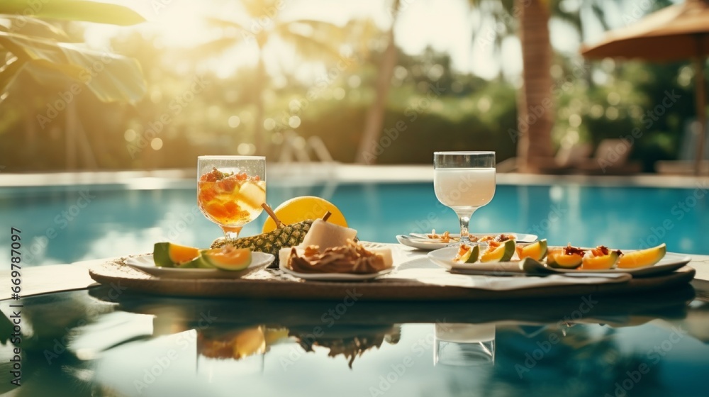 Breakfast on the pool, floating breakfast in an opulent tropical resort ...
