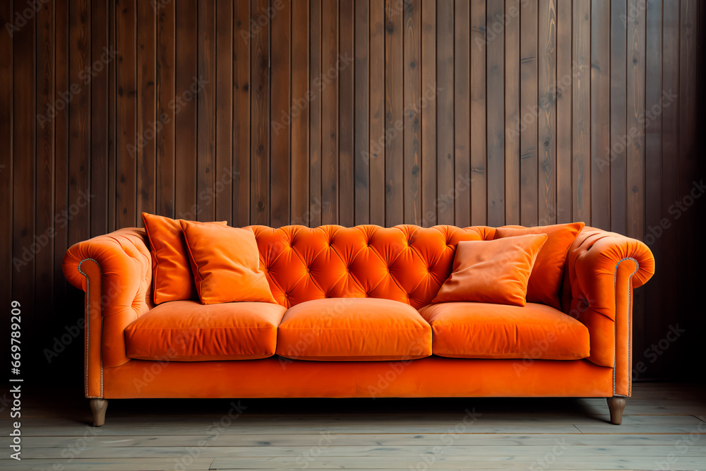 In the modern living room, a rustic orange velvet sofa complements the ...