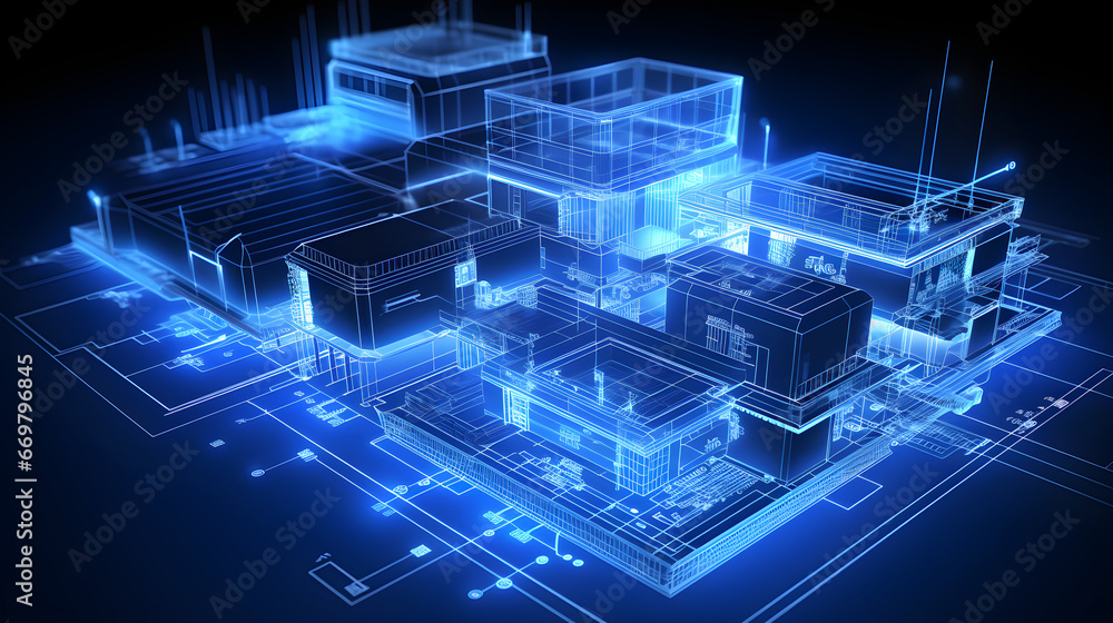 Technology background blueprint building 3d perspective scan line ...