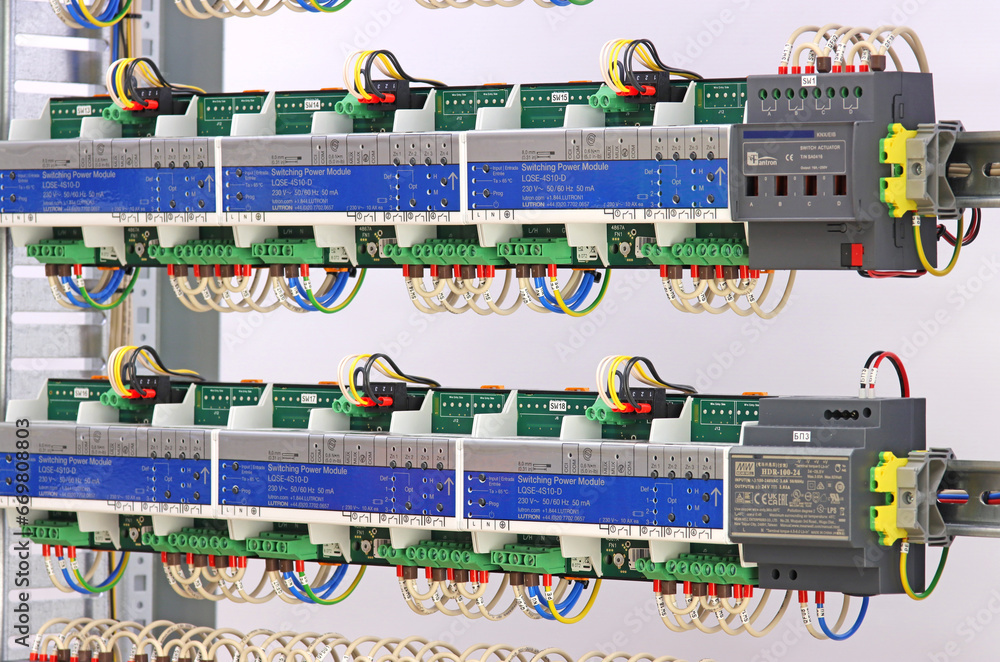 Lutron automation modules in an electrical switchboard. Stock Photo ...