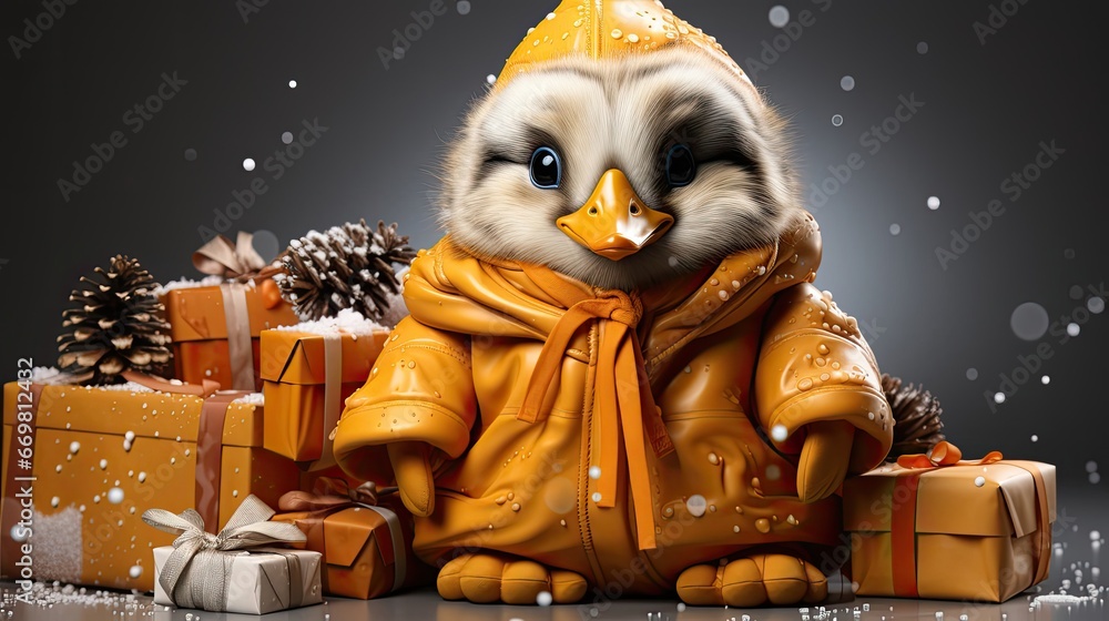 Cute duck in a jacket and hood in snowy winter for Christmas and New ...