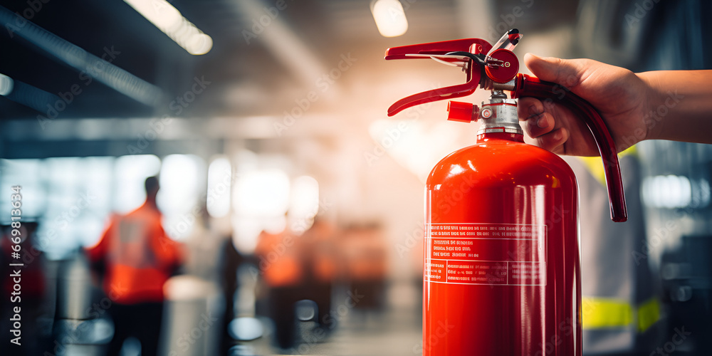 Fire protection engineer check the safety pin of red fire extinguishers ...