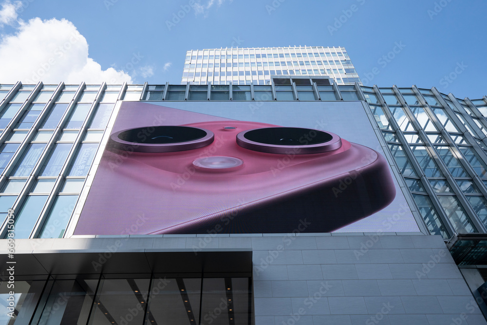 Shanghai, China - Oct 23, 2023: iPhone 15 advertisement is seen on a ...