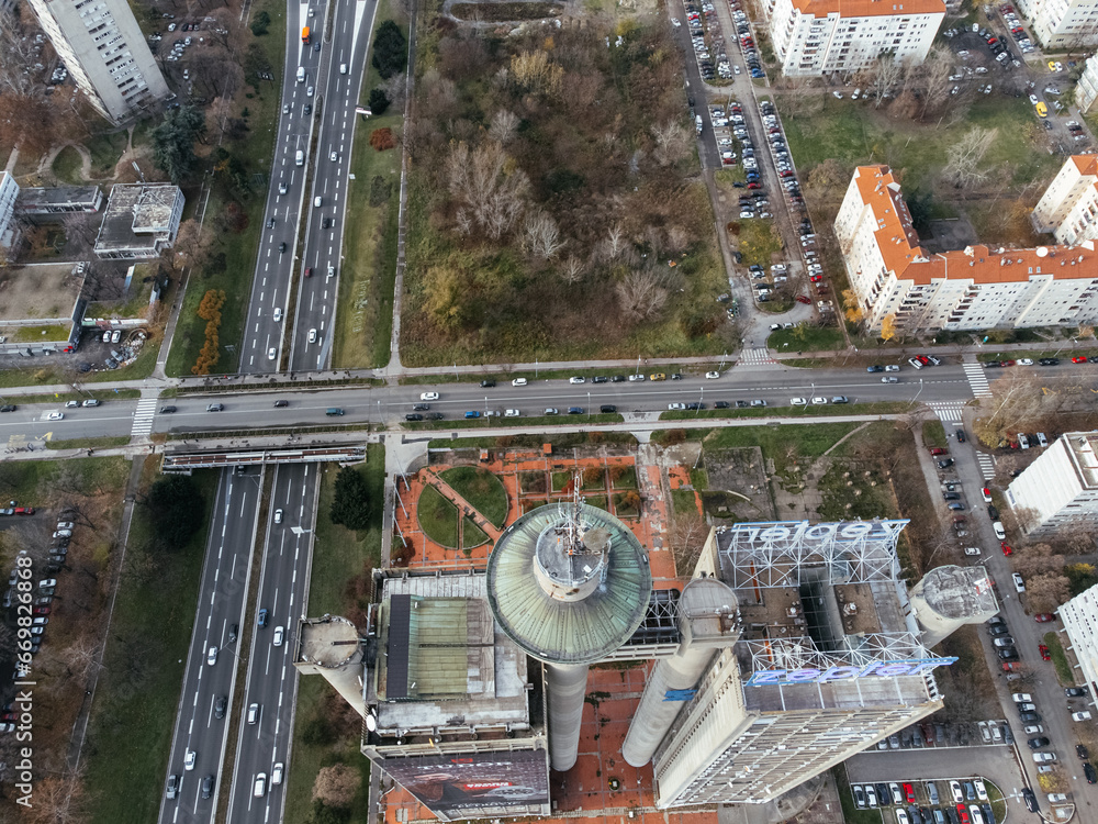 Areal view of the Genex tower, New Belgrade district, Serbia. Europe ...