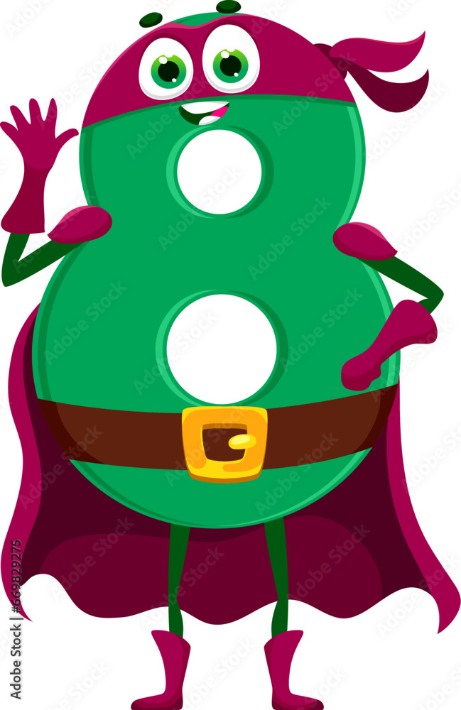 Cartoon math number eight superhero character with expressive and ...