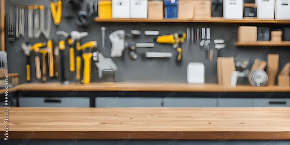 Wooden tabletop counter. in front out of focus Tool storage room. copy ...