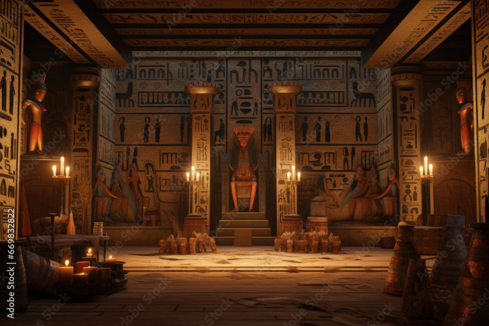 Ancient Egyptian-inspired chamber with hieroglyphics, artifacts, and ...